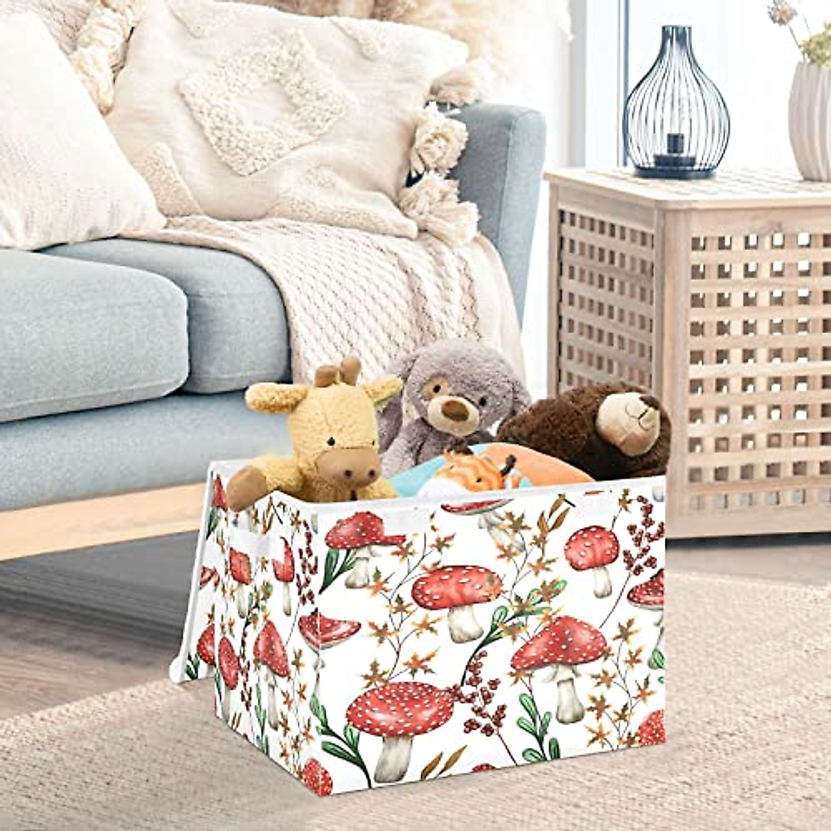 Mushroom Leaves Storage Basket 16.5x12.6x11.8 In Collapsible Fabric Storage Cubes Organizer Large Storage Bin with Lids and Handles for Shelves Bedroom Closet Office