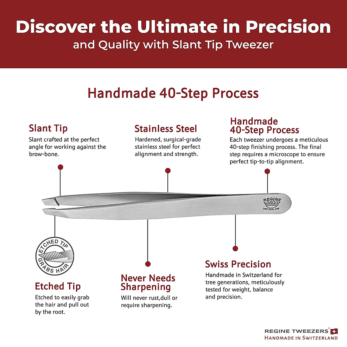 Regine Switzerland Professional Tweezers Slant Tip - Etched Tip Brow and Eyebrow Tool for Men and Women - Precision Tweezers for Fine Hair, Chin, Lash Extensions - Stainless Steel Handmade Beauty Tool