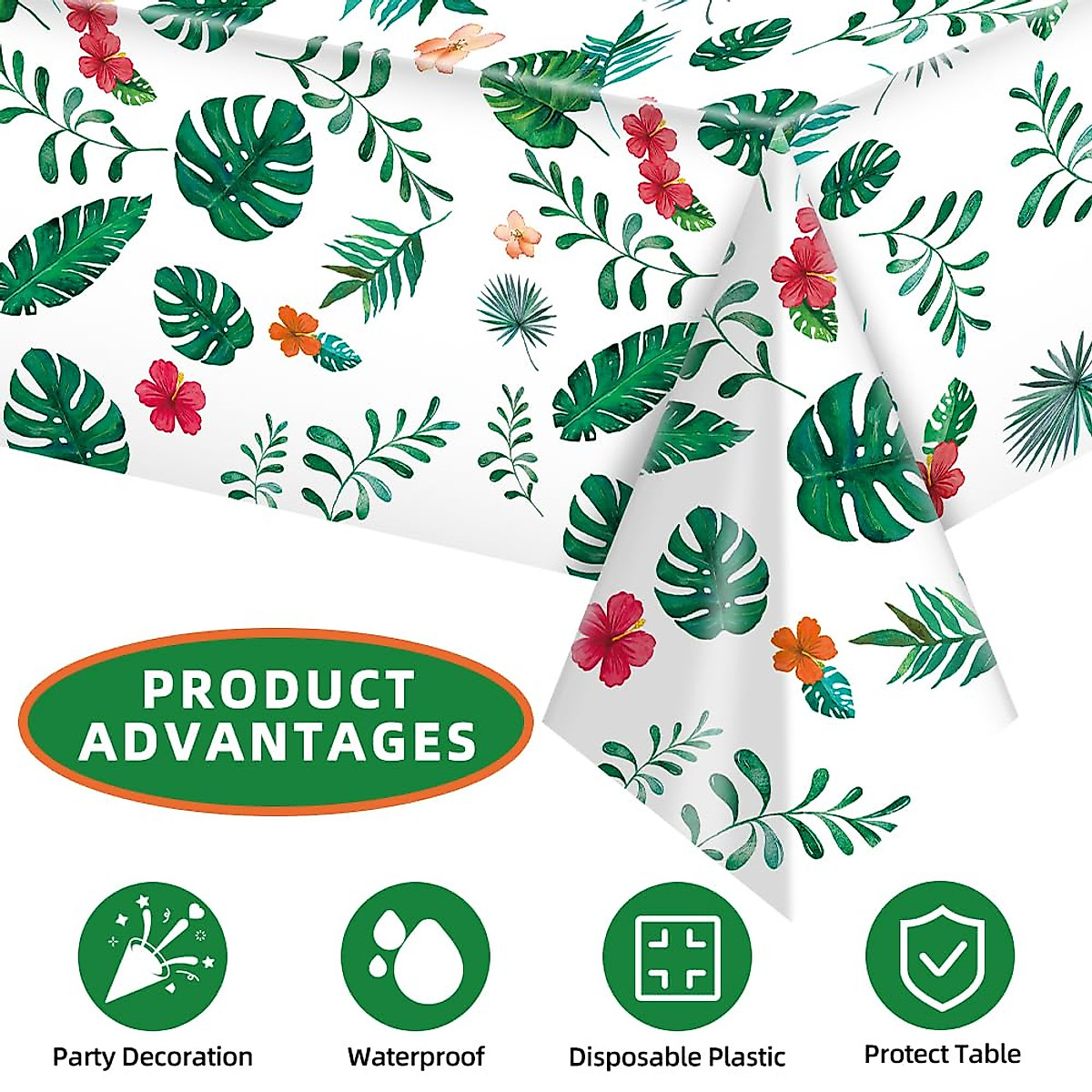 Labeol Hawaiian Tablecloth, 3 PCS Hawaiian Luau Palm Leaves Disposable Plastic Rectangular Tablecloths, Tropical Party Decorations for Summer Beach Dining Birthday Party Supplies