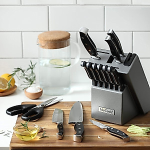 McCook MC25A German Stainless Steel Knife Block Sets with Built-in Sharpener + MCW12 Bamboo Cutting Board (Large, 17”x12”x1”)