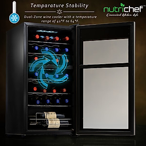 NutriChef PKCWCDS288 Compressor Cooler Refrigerator Cooling System | Large Freestanding Wine Cellar Fridge For Red White Champagne or Sparkling, Glass Door, 28 Bottle Dual Zone-Stainless Steel