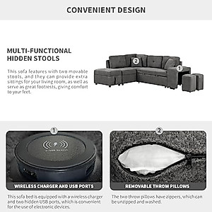 Reversible Sleeper Sectional Sofa Bed with Pull Oue Bed and Storage Ottoman 2 Stools , Chenille Upholstered Convertible Corner Couch Sofabed with Wireless Charger and USB Ports for Living Room Office