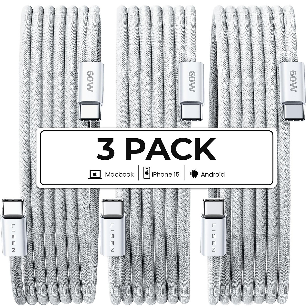 LISEN for iPhone 16 15 USB C to USB C Fast Charging, 60W USB C Cable Type C Fast Charging Cable for iPhone 16 15,Samsung Galaxy S25 Ultra Plus S24 S23 iPad Pro 13 12.9inch, iPad Air 5,White 3Pack 6FT