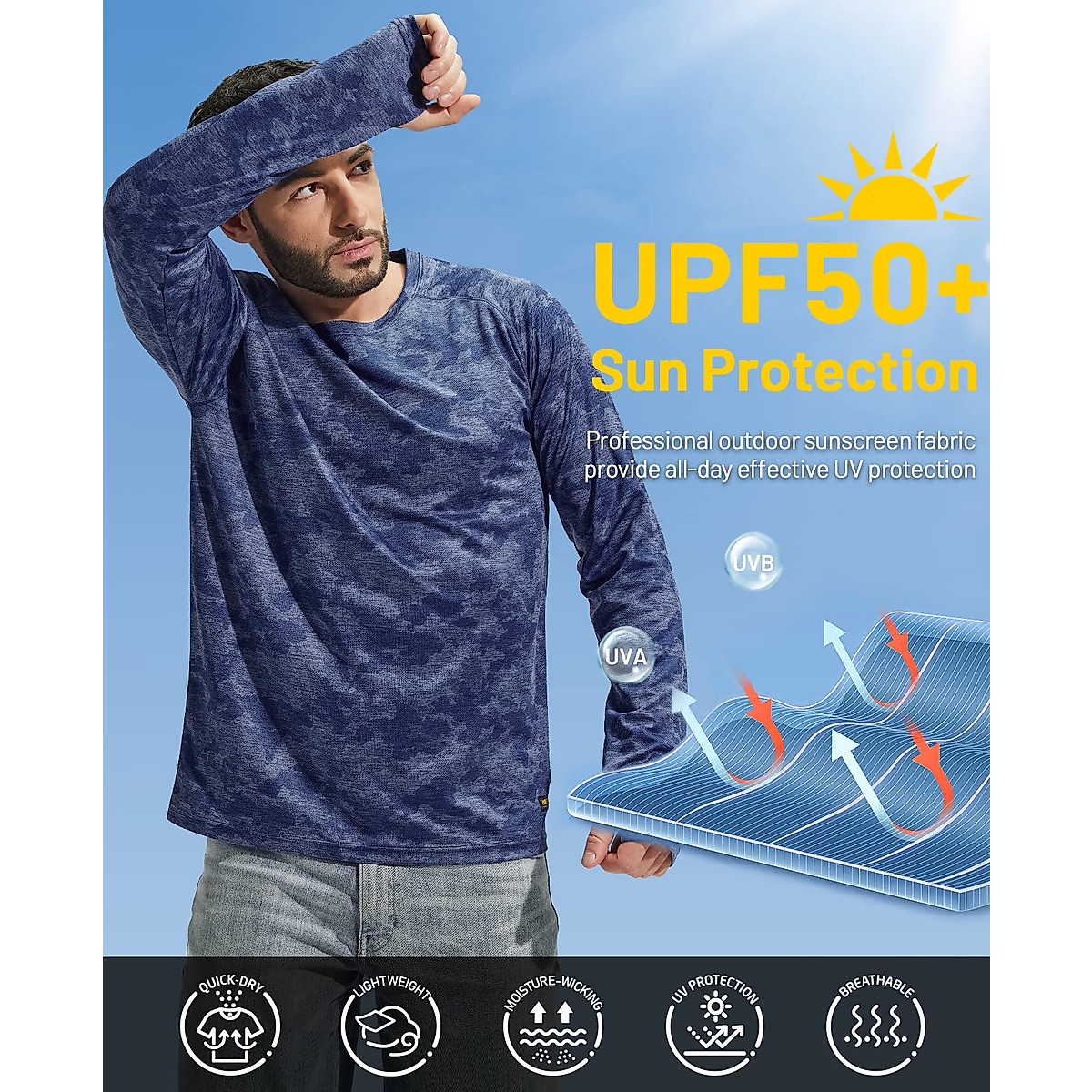 MIER Men's Long Sleeve Camouflage Shirts UV Protection Fishing Hiking Camo T-Shirts with Thumbholes Dry Fit, Ocean Blue, M