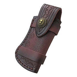 USonline911 Hand Made Carved Cow Leather Sheath for Folding Knife Cover Knife Bag Pouch Belt Clip, Brown