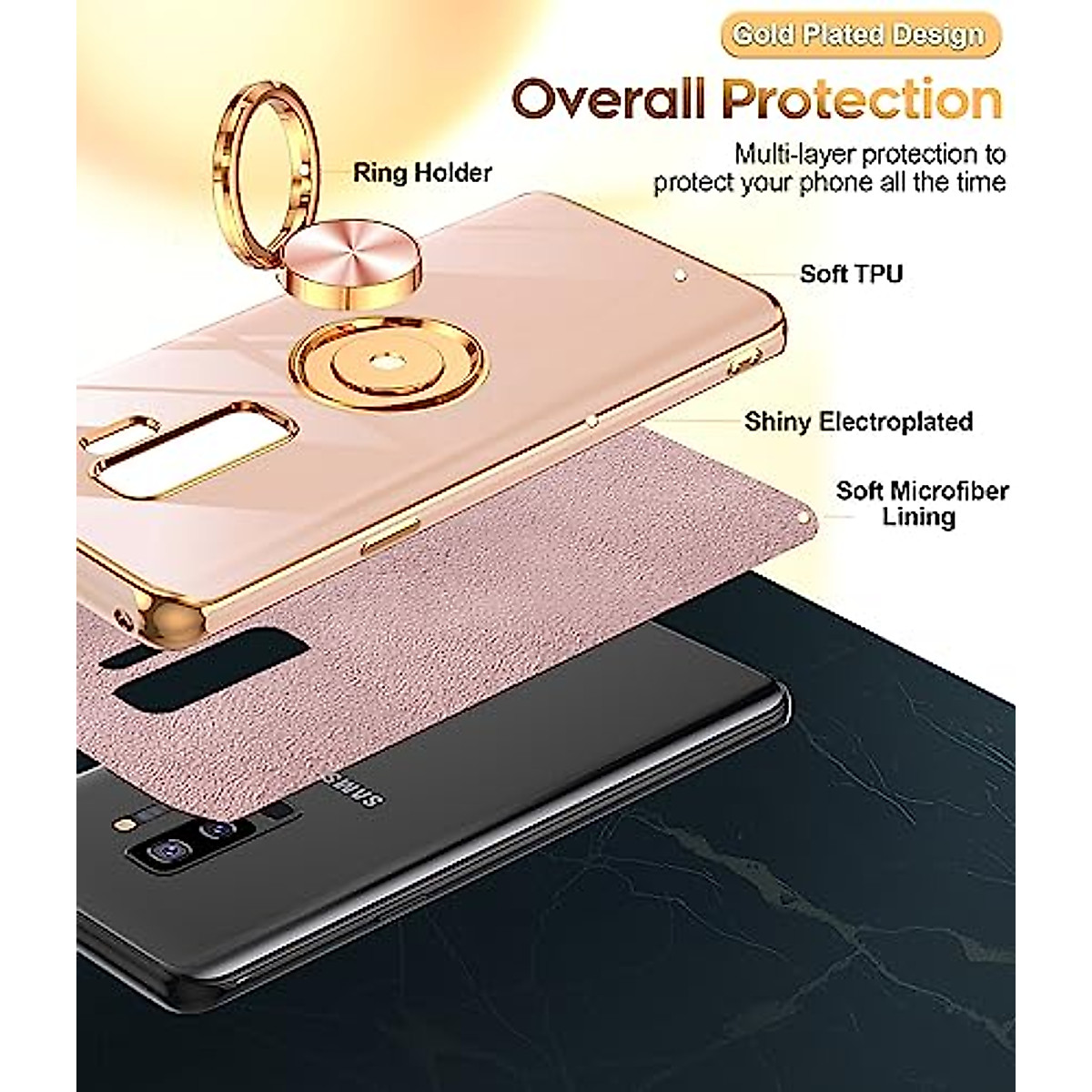 LeYi for Samsung Galaxy S9 Plus Case: 360° Rotatable Ring Holder Magnetic Kickstand [ Not Applicable Samsung S9 ], Plating Rose Gold Edge Protective Case, Pink