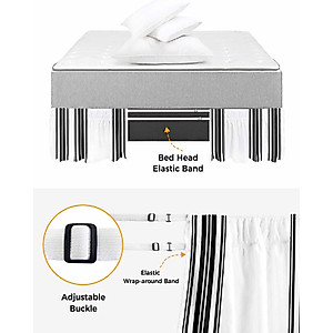 Black Stripes Bed Skirt Queen Size 18 Inch Drop,Adjustable & Elastic Wrap Around Bed Skirts Pleated Luxury Dust Ruffles for Twin Full Queen Cal King Bed,Traditional Bohemian Geometric Art Decor White