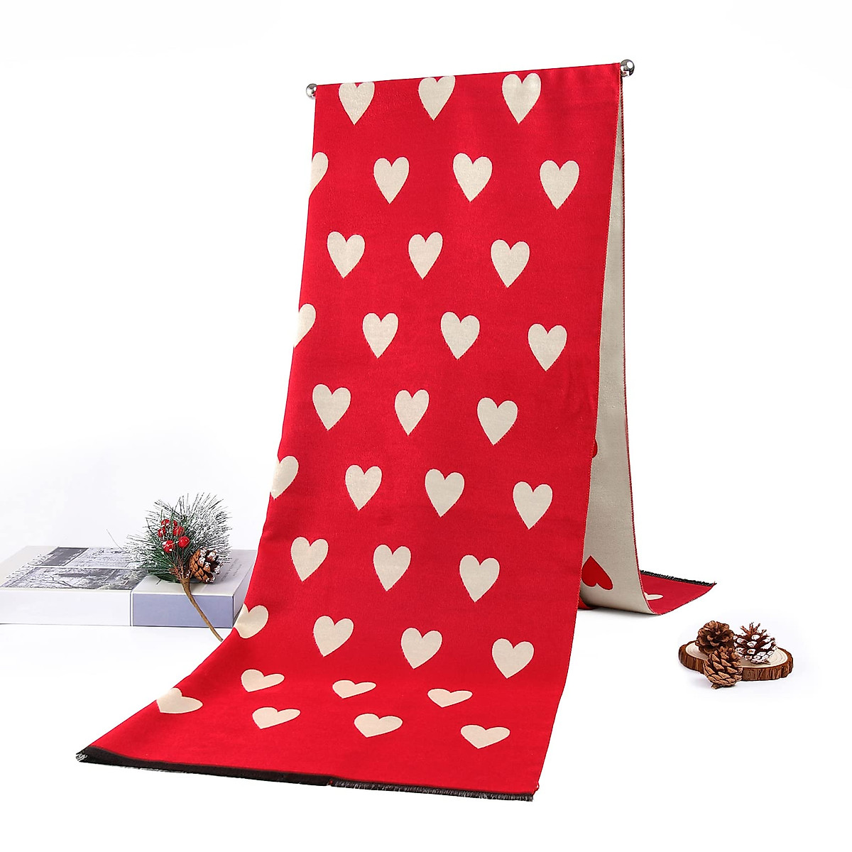 GERINLY Sweet Scarf with Love Heart Print Warm Neck Wraps for Women Chic Valentine's Gift for Lovers Romantic Love (Red)