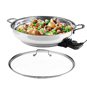 Electric Skillet By Cucina Pro - 18/10 Stainless Steel Frying Pan with Tempered Glass Lid and Handle, 16" Round with Adjustable Temperature Control Probe, Portable, Includes Recipe Guide, Great Gift