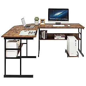 Tangkula 67 inches L-Shaped Desk, Corner Computer Desk with Bottom Bookshelves & CPU Stand, Drafting Drawing Table with Tiltable Desktop, Corner Computer Workstation Home Office Desk (Rustic Brown)
