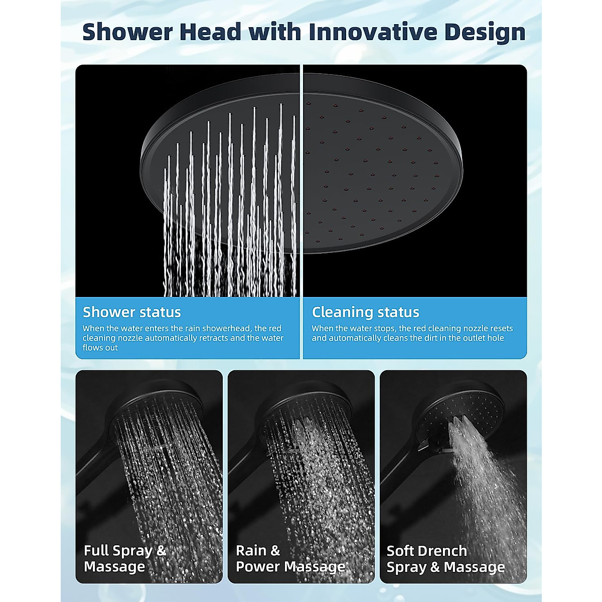 Hibbent Self-cleaning Shower Head, 10'' High Pressure Rainfall Shower Head, Showerhead Combo/Handheld Shower Head, 12'' Adjustable Curved Shower Extension Arm, 71'' Hose, 2 Shower Holders, Matte Black