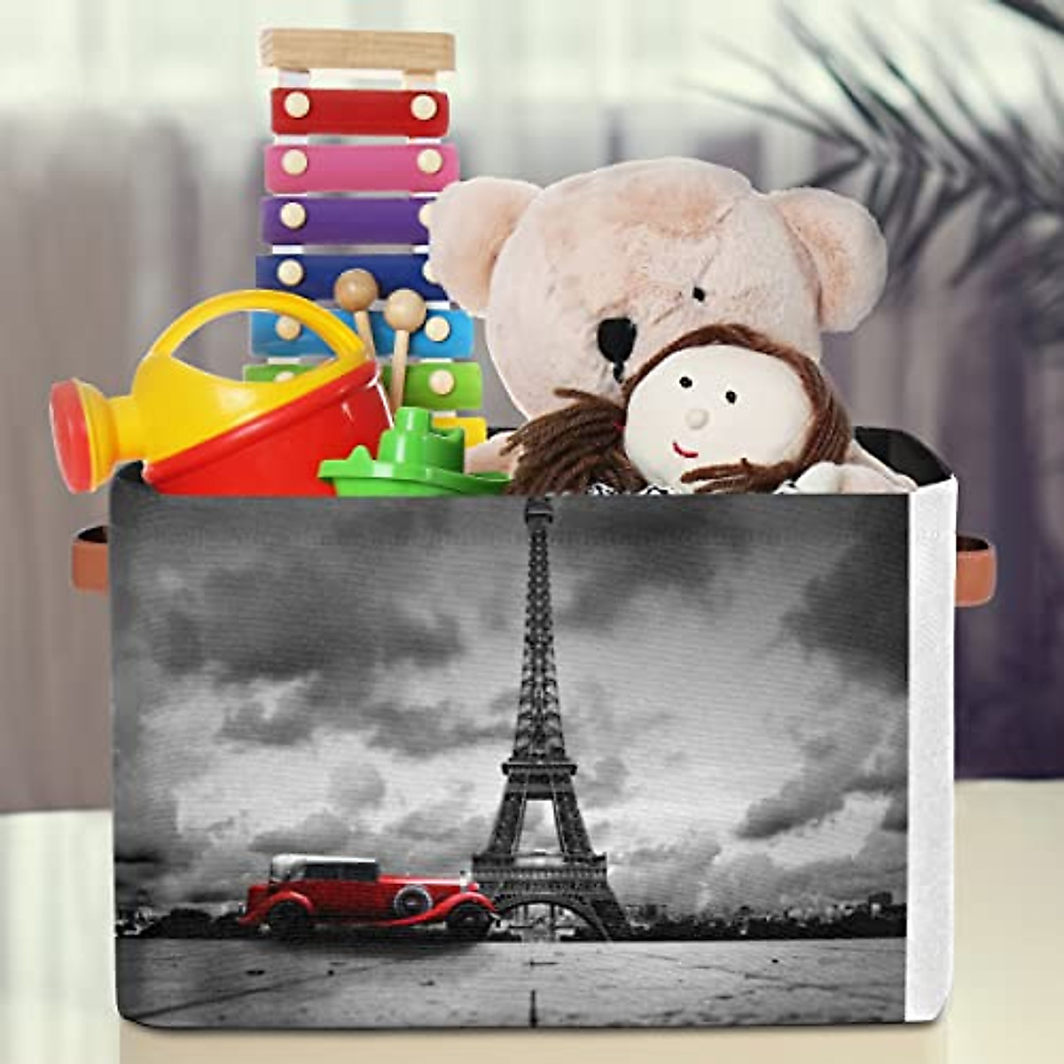 Large Collapsible Storage Bins ,Paris Eiffel Tower Car Decorative Canvas Fabric Storage Boxes Organizer with Handles，Rectangular Baskets Bin for Home Shelves Closet Nursery Gifts