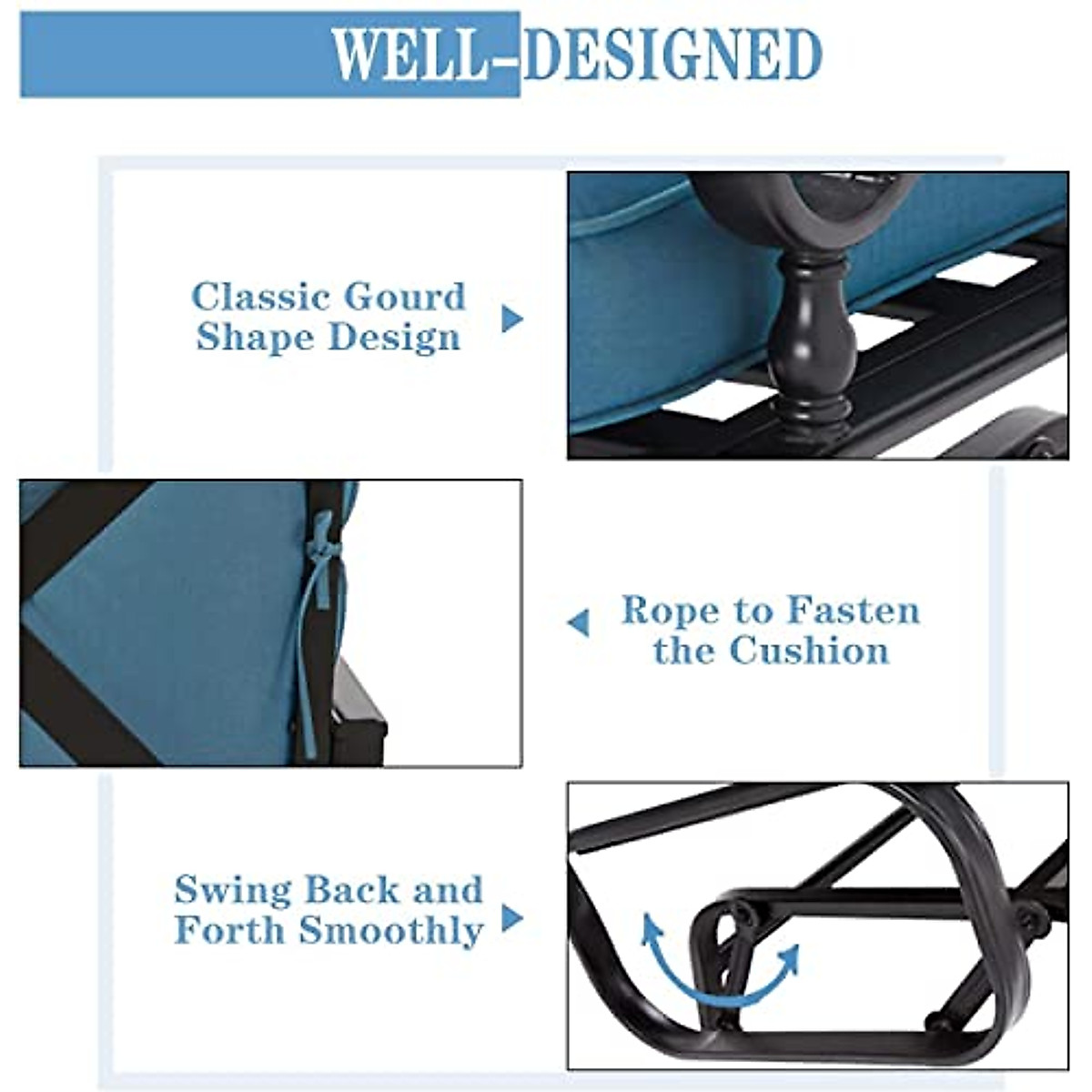 Crownland Outdoor Patio Glider Chair Porch Furniture Loveseat Seating, Wrought Iron Look Rocking Bench for Outside with Cushion(Peacock Blue)