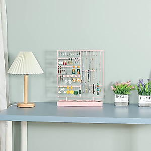 X-cosrack Earring Organizer Holder, 5-Tier Ear Stud Holder with Wooden Tray, Jewelry Towers for Earrings Necklaces Bracelets Watches and Rings,Earring Display Stand, Pink