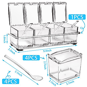 Faxco 4-Cell Clear Seasoning Rack Spice Box, Storage Container Condiment Jars Acrylic Seasoning Box with Cover and Spoon (Enhanced Version Clear)