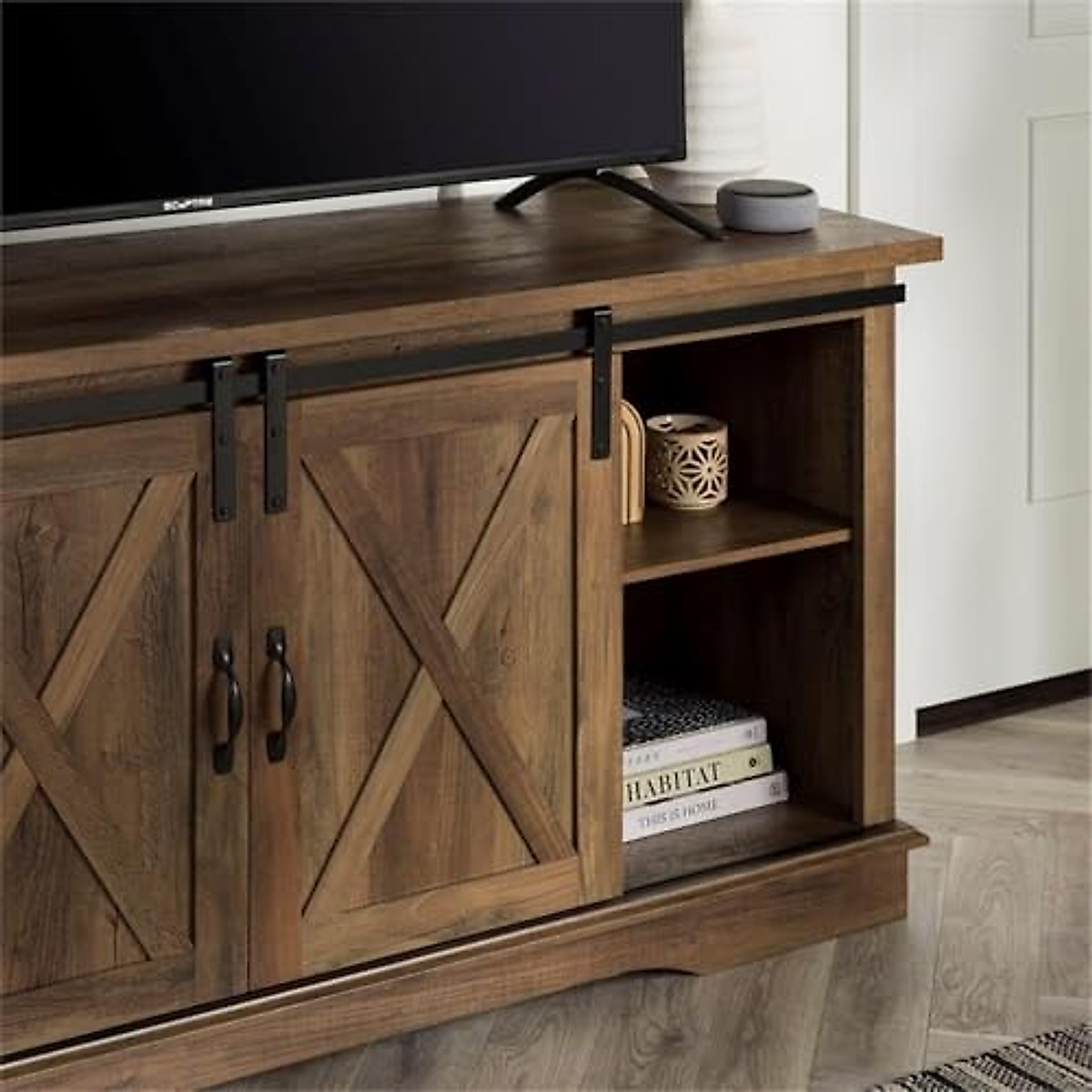 Walker Edison Richmond Modern Farmhouse Sliding Barn Door TV Stand for TVs up to 65 Inches, 58 Inch, White Oak/ Traditional Brown