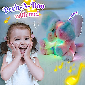 Glow Guards 12'' Light up Peek-a-Boo Elephant Stuffed Animal Musical Rainbow Elephant Singing Stuffed Animal Electric Interactive Toys Christmas Holiday Birthday Gifts for Toddler Kids