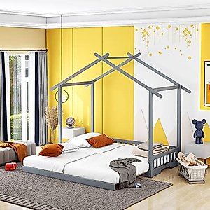 JIVOIT Extending Daybed with Trundle, Twin to King Design Daybed with Roof Design, Wooden House Bed Daybed Frame for Kids Teens Bedroom Furniture, No Box Spring Needed (Gray-Twin to King Design)