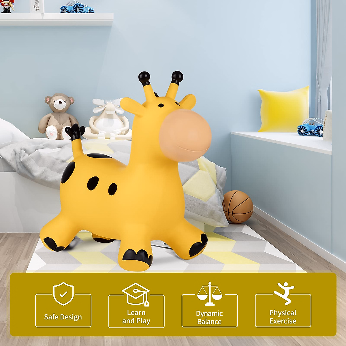 INPANY Giraffe Bouncy Horse Hopper Toys, Toddler Bouncing Zoo Animals, Inflatable Jumping Hopping Horse, Ride on Rubber Bouncer for Kid, Outdoor Indoor Birthday Gifts for 2 3 4 Year Old Girl Boy