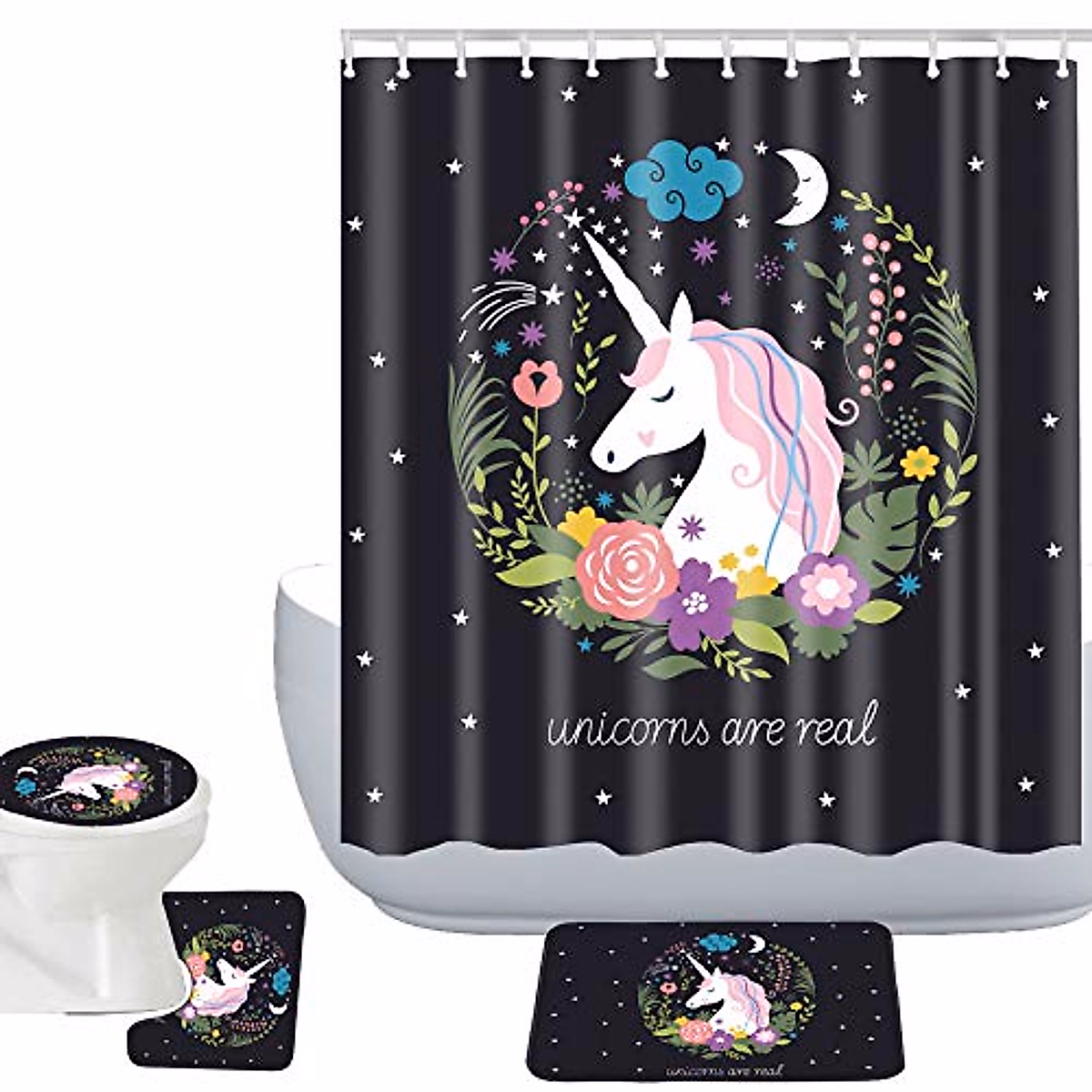 Amagical Unicorns are Real Pattern 16 Piece Bathroom Mat Set Shower Curtain Set Bath Mat Contour Mat Toilet Cover Fabric Shower Curtain with 12 Hooks Black (16)