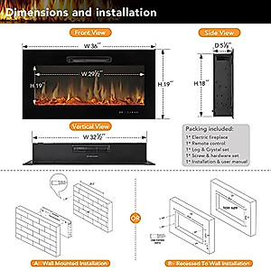 Circrane 36" Recessed Mounted Electric Fireplace, 750-1500W Insert Electric Heater with Adjustable Flame Color, Touch Control Panel & Remote Control, Log/Crystal Options