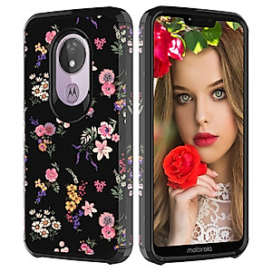 ShinyMax Moto G7 Power Case with Flowers Design,Motorola Moto G7 Supra Phone Case,Hybrid Dual Layer Armor Anti-Slip Cover Cute Sturdy Anti-Scratch Shockproof Bumper Case for Women & Girls-Floral/Black