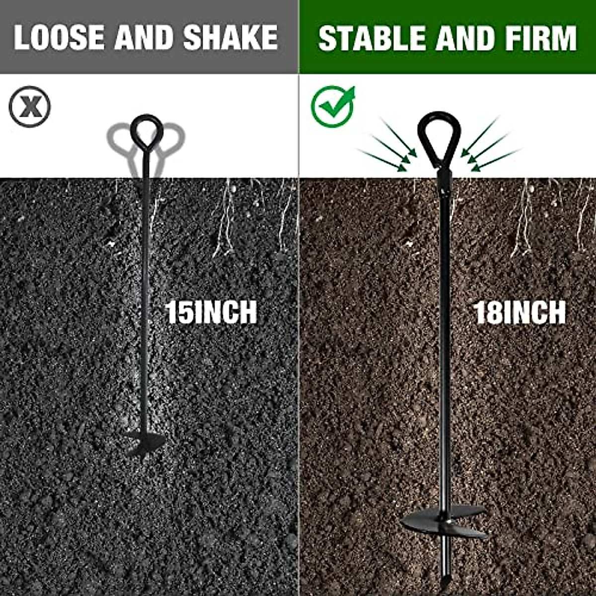 Tondiamo 18 Inch Long Ground Anchor Kit, 3 Inch Wide Helix, Heavy Duty Earth Augers Solid Steel Shaft with Drill Bit for Tents, Swing Sets, Securing Animals, Canopies, Trampoline, Sheds (Black, 6 Pcs)