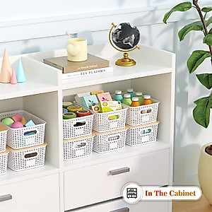 Plastic Storage Baskets With Bamboo Lid - Plastic Storage Containers Stackable Storage bins: Storage Baskets for Organizing Shelves Drawers Desktop Closet Playroom Classroom Office, 6 Pack