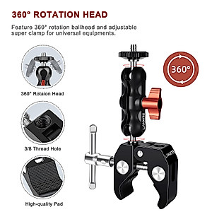Lanxire Super Clamp Camera Mount with Double Ball Head Adapter - Compatible with Canon Nikon DSLR, Gopro, LED Lights, Ronin-M/MX, Freefly MOVI - 360° Rotation - 1/4"-20 & 3/8"-16 Threaded Holes