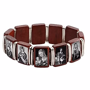 Catholica Shop Madonna Cherry Wood Bracelet | Assorted Black and White Images of Madonna I Wooden Stretchable Bracelet I Catholic Bracelets Women I Religious Bracelet