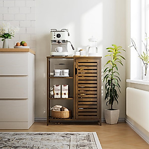 HITNET Bathroom Storage Cabinet Bamboo, Free Standing Floor Cabinet, Kitchen Cupboard Side Storage Organizer with Shutter Door and 3 Side Shelves, Walnut