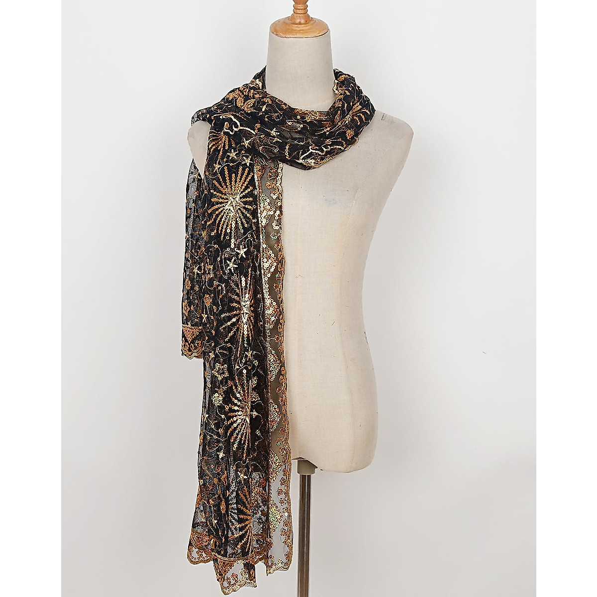 L'VOW Women's Glittering 1920s Scarf Mesh Sequin Wedding Cape Fringed Evening Shawl Wrap(S4-Black&Gold)