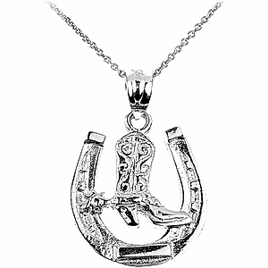 .925 Sterling Silver Lucky Horseshoe with Cowboy Boot Charm Pendant Necklace with Rolo Chain - 16"