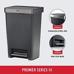 Rubbermaid Premier Series III Step-On Trash Can for Home and Kitchen, with Stainless Steel Rim, 12.4 Gallon, Charcoal