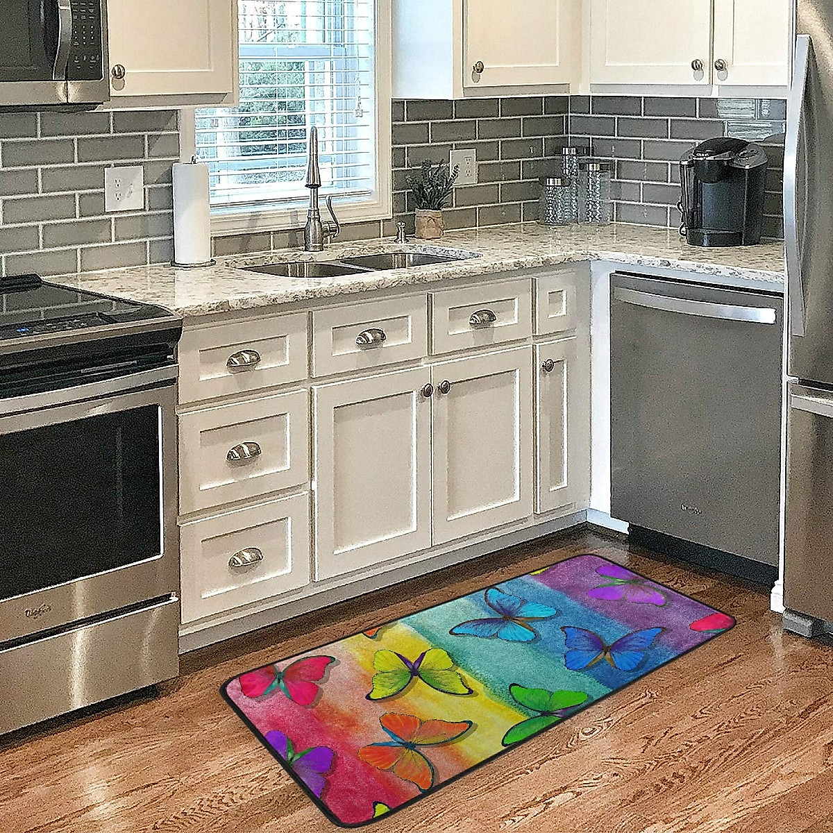 Rainbow Butterflies Kitchen Rug Door Mat Bath Rug Home Decor Floor Mat Non-Slip Carpet for Kitchen Living Bedroom 39 x 20 Inch