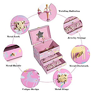 lekymo Jewelry Box for Girls Kids Jewelry Box Musical Ballerina Box for Girls, Unicorn & Mermaid Design Jewelry Box with 2 Pullout Drawers Jewelry Organizers for Bedroom Christmas Birthday Gifts