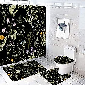 4 Pcs Black Floral Shower Curtain Sets,Watercolor Flower Green Leaves Vintage Herbal Plant Wildflower 70"x 70" Bathroom Curtain with 12 Hooks,29.5"x 17.8" Bath Mat,Toilet Seat Cover, U-Shaped Toilet