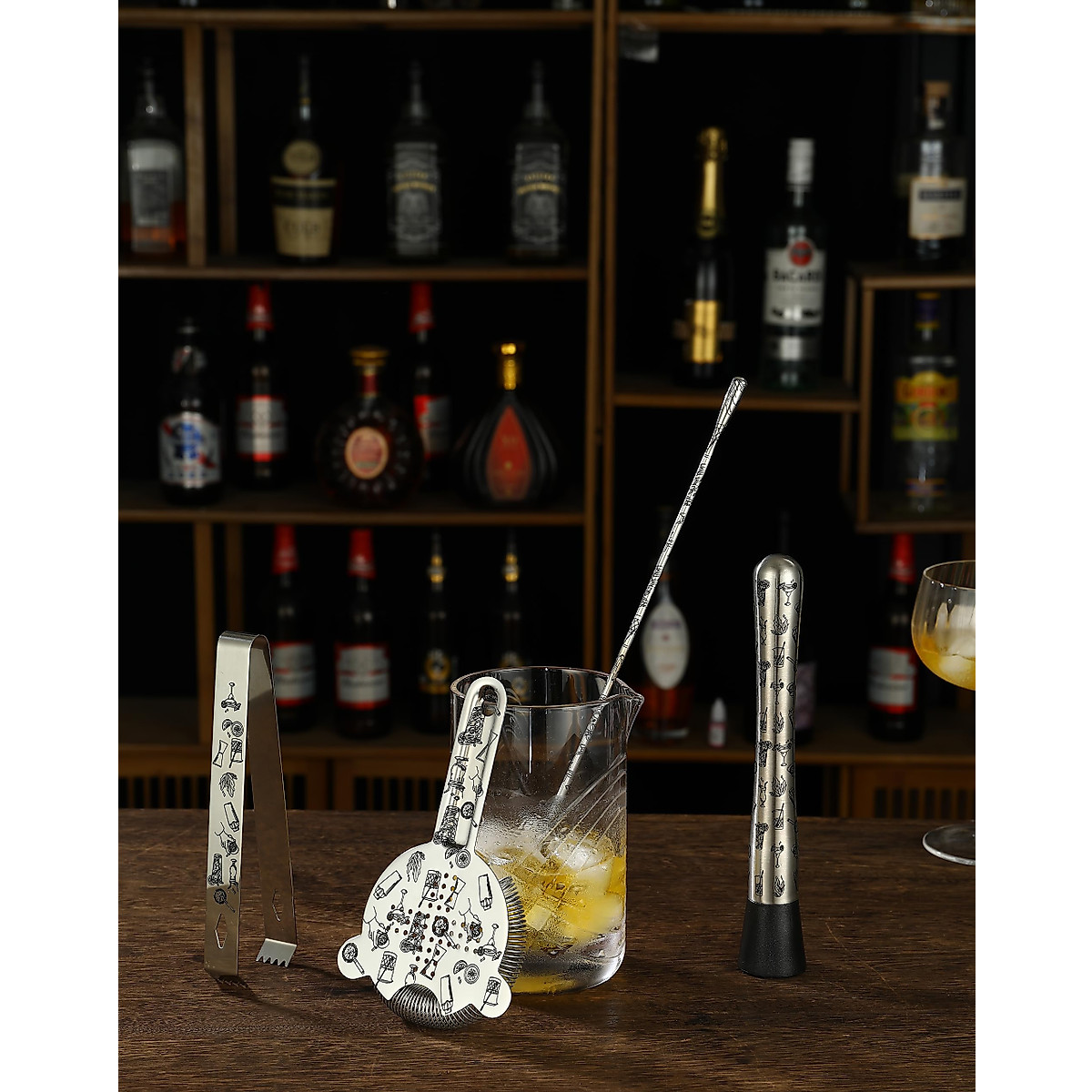 Cocktail Geek Etched Bartender Kit Cocktail Shaker Set-7 Pieces Stainless Steel Etching Bar Tools with Boston Shaker,Bar Spoon,Cocktail Muddler,Double Jigger,Cocktail Strainer,Ice Tongs