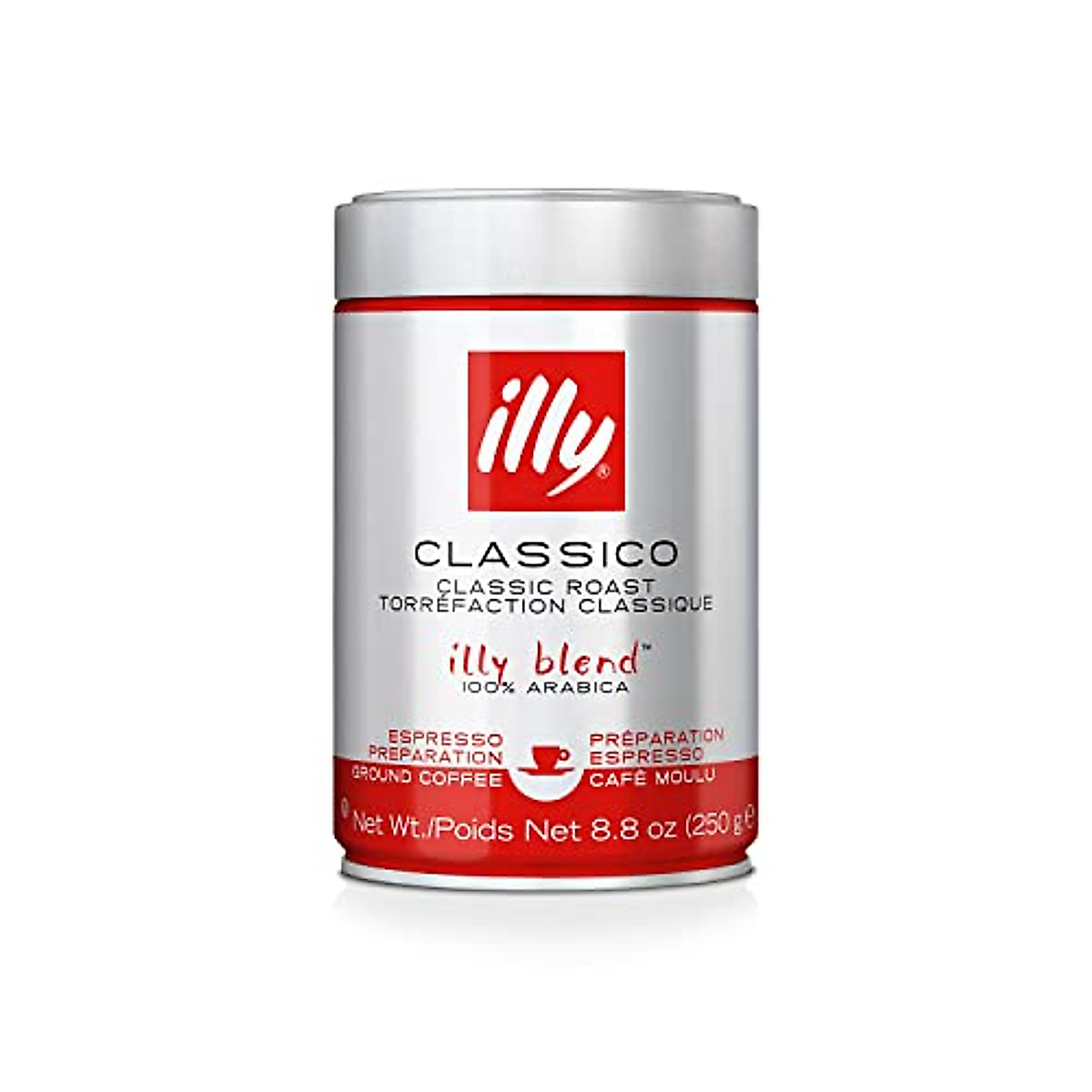 illy Classico Ground Espresso Coffee, Medium Roast, Classic Roast with Notes Of Caramel, Orange Blossom and Jasmine, 100% Arabica Coffee, All-Natural, No Preservatives, 8.8 Ounce Can (Pack of 6)