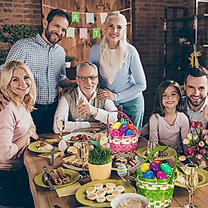 4 Set Large Easter Basket Bulk with 24 Pcs Easter Eggs, Handle Round Bamboo Woven Basket with Plastic Easter Eggs and 4 Pcs Colored Raffia Grass for Kids Baby Easter Bunny Party Supplies