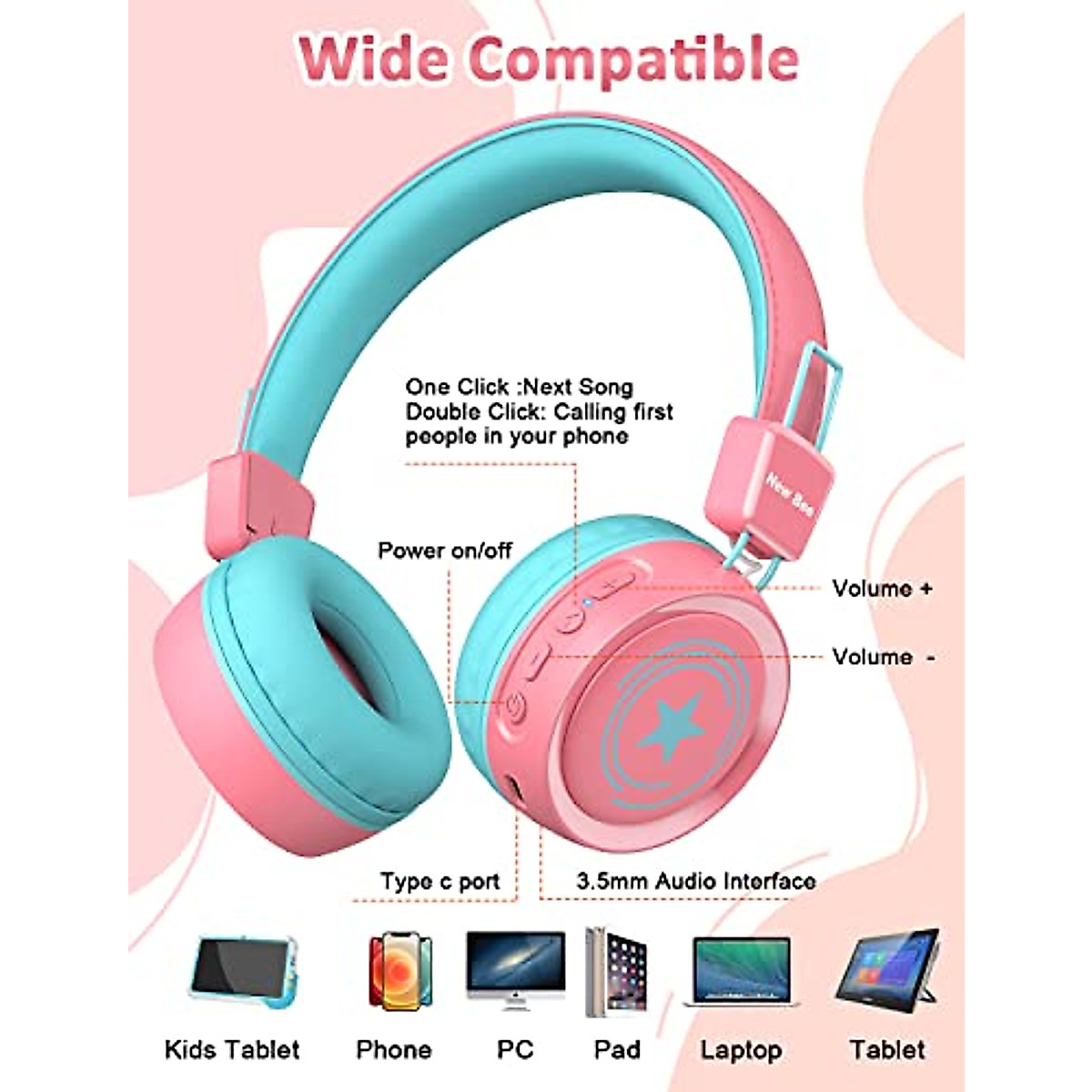 New bee Kids Bluetooth Headphones with Microphone Bluetooth 5.0 Wireless Kids Headphones with 32H Playtime/94dB Volume Limited On Ear Headphones for School/Girls/Boys/iPad/Fire Tablet(Pink)