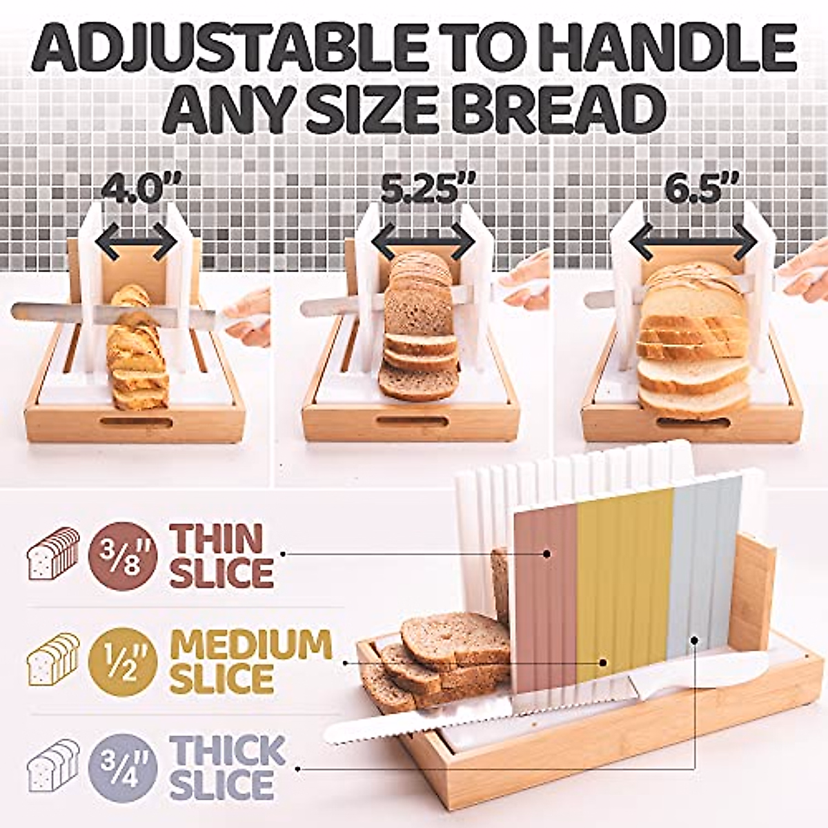 Bread Slicer for Homemade Bread With Long Knife & Crumb Tray - Compactable Bread Slicer Guide For Homemade Bread Adjustable, 3 Size, 3 Thickness - Bread Cutter for Homemade Bread, Loaf, Bagel, Bun