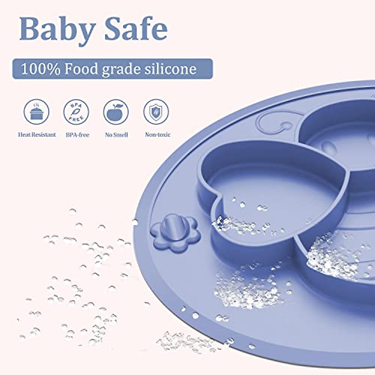 Toddler Plates with Suction - Silicone Cute Bee Baby Divided Plate - Self Feeding Kid Dish for Tables Highchairs Trays - Dishwasher and Microwave Safe (Dark Blue)