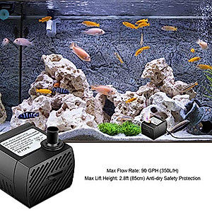 BestFire 90 GPH (350L/H, 5W) Submersible Water Pump, Ultra Quiet Fountain Water Pump with 5.9ft Power Cord, 12 Colorful Leds, 2 Nozzles for Fish Tank, Aquarium(US Plug)