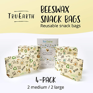 Tru Earth Beeswax Snack Bags | Reusable | Zero-Waste Beeswax | Contains 2 Medium & 2 Large Bags