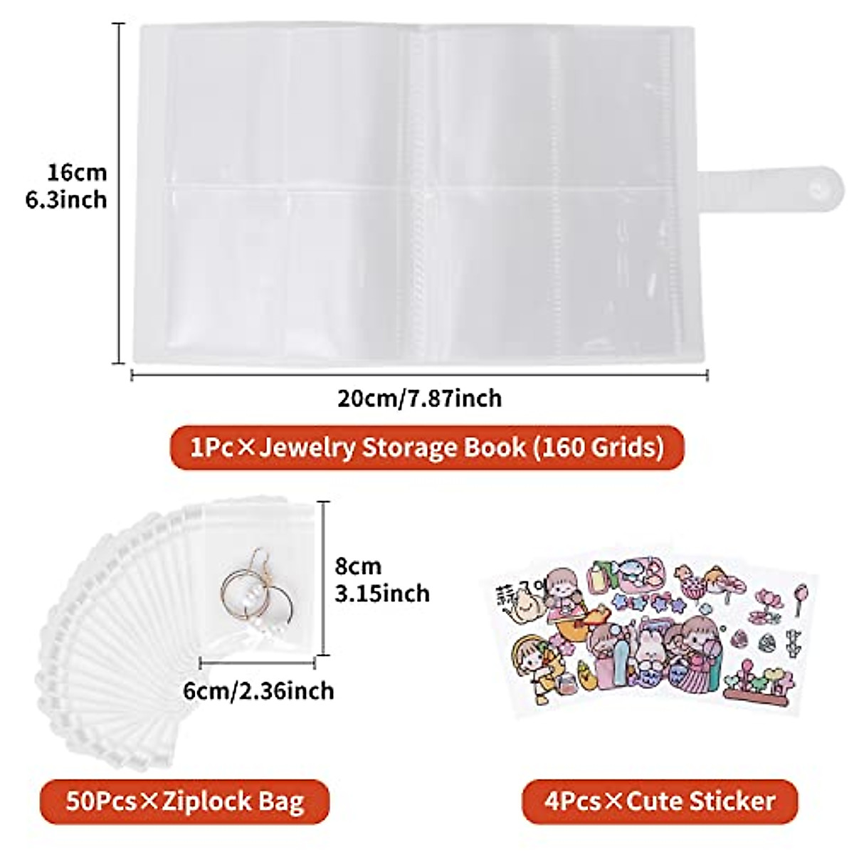 Transparent Jewelry Storage Book, Jewelry Organizer Travel, Jewelry Organizer for Rings, Necklace, Bracelets, Earrings, Portable Anti Oxidation Travel Jewelry Organizer Book (160 Grids + 50 PVC Bags)