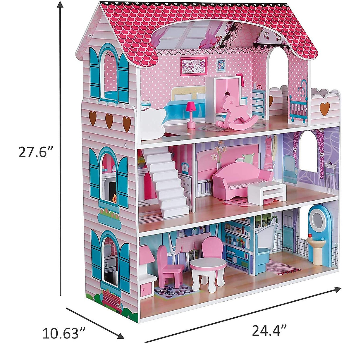 PIDOKO KIDS Wooden Dollhouse - includes 12 Pcs Furniture Accessories - Wood Doll House for 3 4-5 Year Old Girls