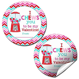 I Chews You Bubble Gum Valentine Party Favor Sticker Labels for Kids, 40 2" Party Circle Stickers by AmandaCreation, Great for Classroom Valentines, Envelope Seals, Gifts & Treats