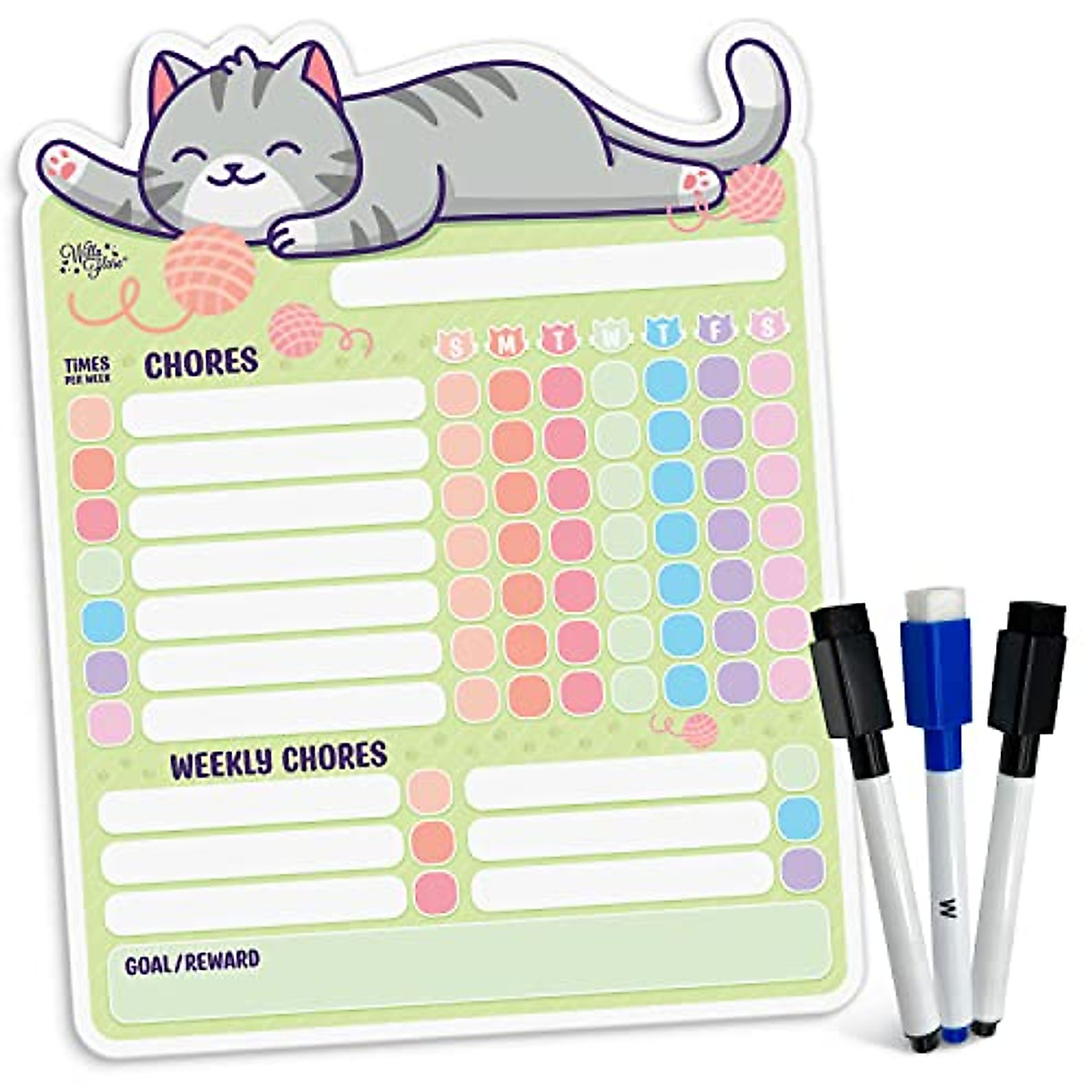 Willa Flare Fridge Chore Chart 1 pc | Magnetic Chore Chart For Kids and Adults | Helps to Reward Responsibility with Family Chores Charts | Includes Wet and Dry Erase Markers (Gray Cat)