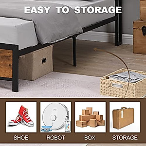 Majnesvon Modern Industrial Queen Bed Frame with LED Lights and 2 USB Ports, Metal Platform Bed Frame Queen Size with 2-Tier Storage Wooden Headboard, Noise Free, No Box Spring Needed - Queen